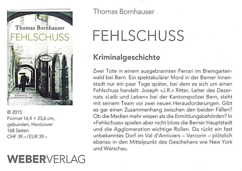 Fehlschuss -Bornhauser - Krimi - Thomas Bornhauser ex Migros (Gebraucht ...