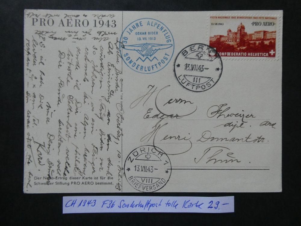 CH 1943 Nr. F36 auf toller Bider-Karte Sonderflugpost (Gebraucht) in Lausen für CHF 4 – mit ...
