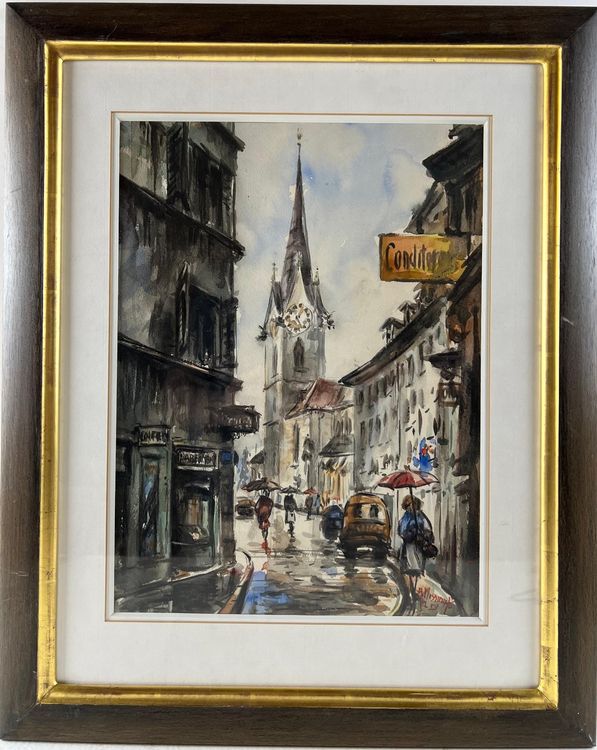 Strassenszene Aquarell Unleserlich signiet | Kaufen auf Ricardo