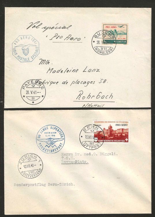 1941/1943 : 2 Pro Aero Flugpost Briefe (Gebraucht) in Gümligen für CHF 7 – mit Lieferung auf ...