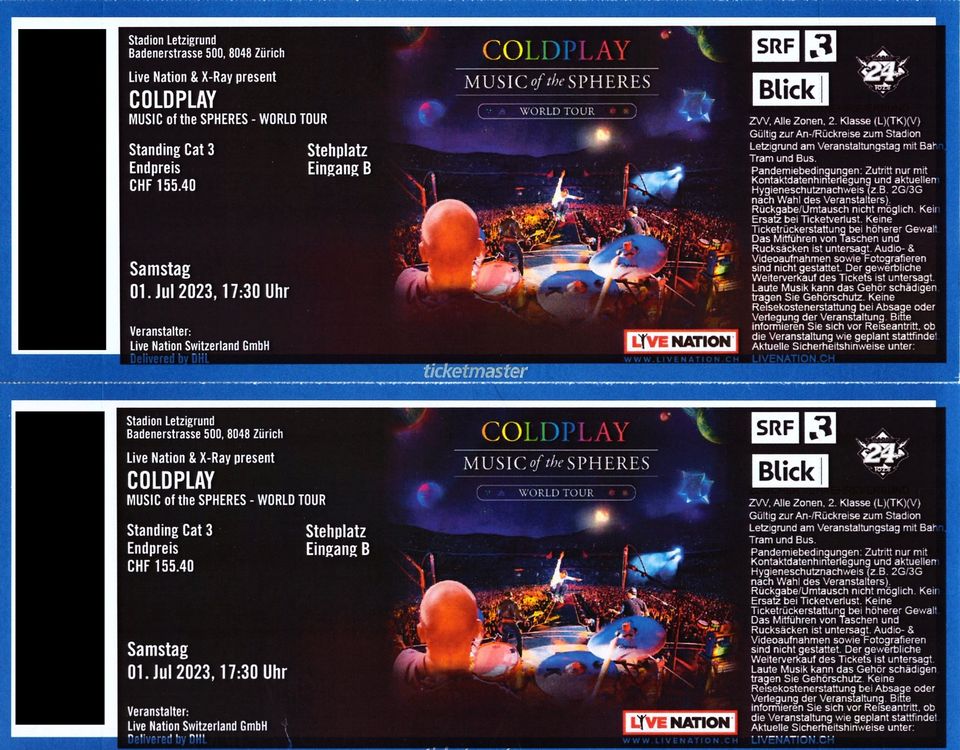 Coldplay | 2 Stehplatz Tickets | 01.07.23 | Zürich | Kaufen auf Ricardo