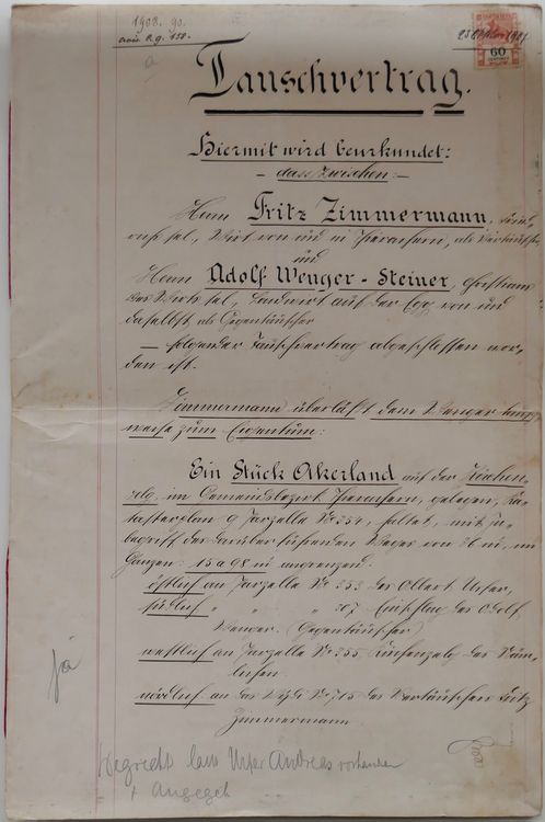 Tauschbrief /Tauschvertrag Ackerland von 1908 in Thierachern (Gebraucht) in Möhlin für CHF 11 ...