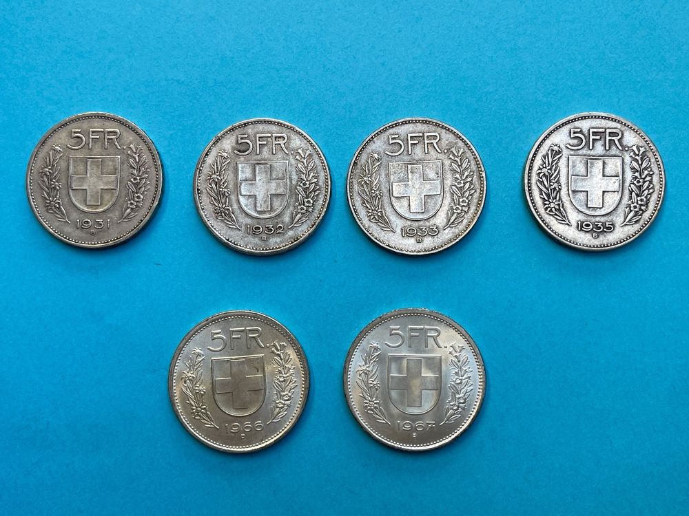 6 Stück Silbermünzen 5 Fr. diverse Jahrgänge (Fünfliber) (Gebraucht) in Buonas für CHF 50 – mit ...