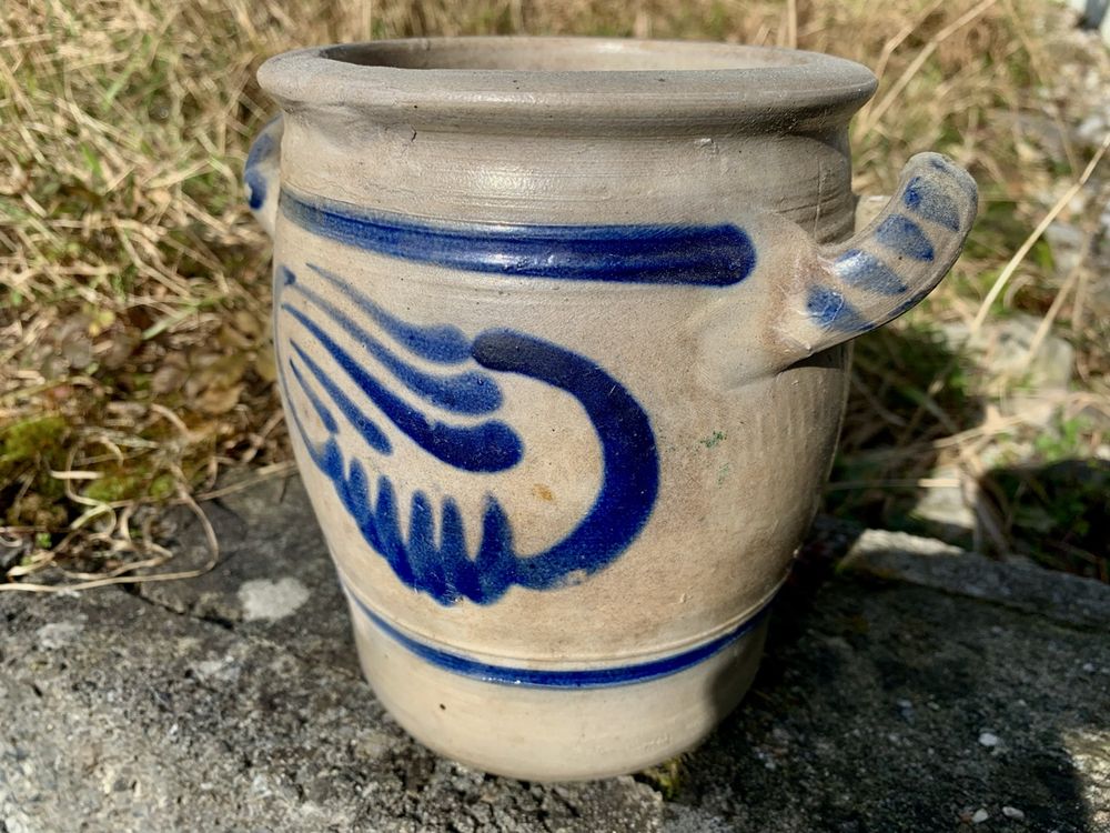 Antiker Steingut Topf mit Henkeln, blau weiss Bemalung | Kaufen auf Ricardo
