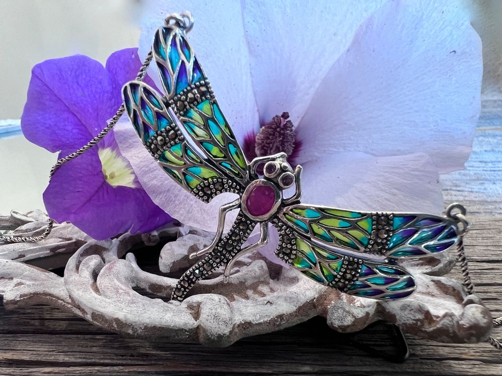 Collier Anhänger Silber Tiffany im Jugendstil Libelle Rubin (Neu ...