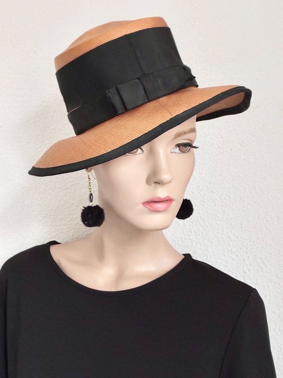 Vintage Strohhut Caramel mit schwarzem Repsband/Masche/Knopf (Gebraucht ...