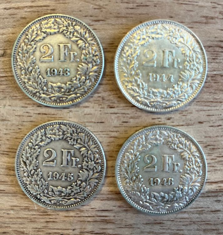 4 x 2-Franken-Silbermünzen, Serie (1943, 1944, 1945, 1946) (Gebraucht) in Merlischachen für CHF ...