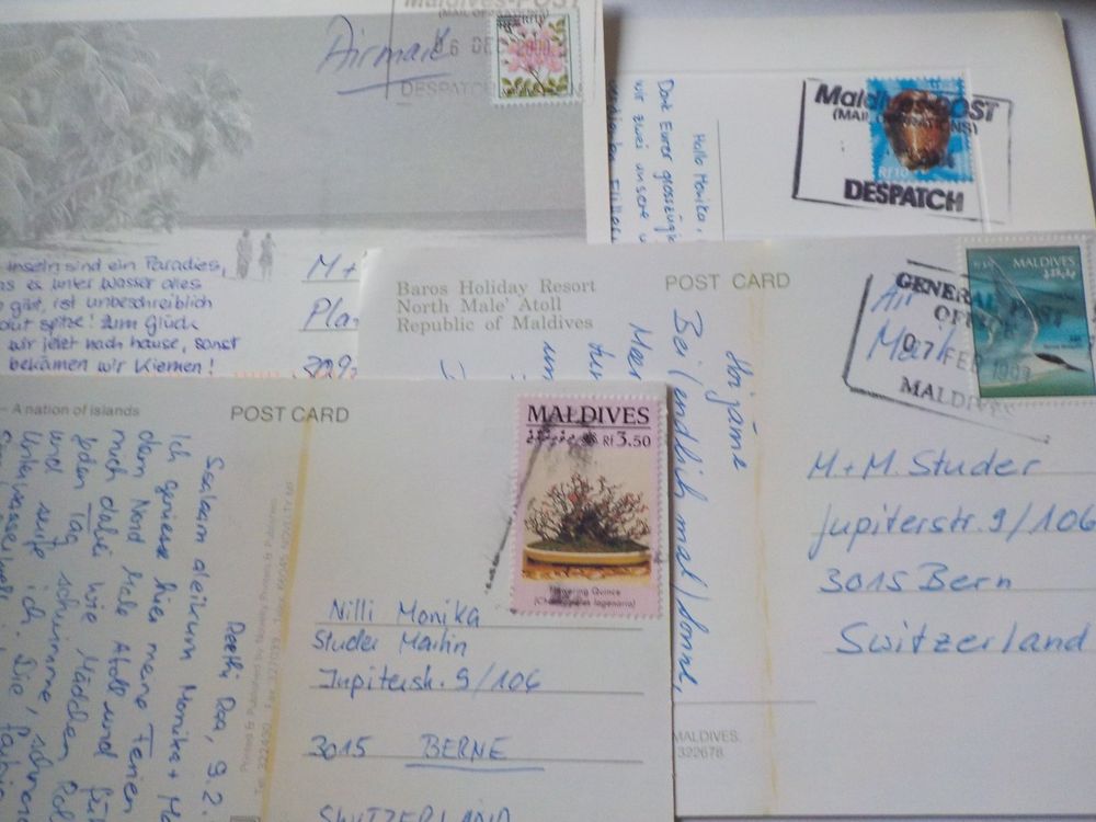 Asien, Malediven, 4 Karten mit Marken (Gebraucht) in Muri b. Bern für CHF 2 – nur Abholung auf ...