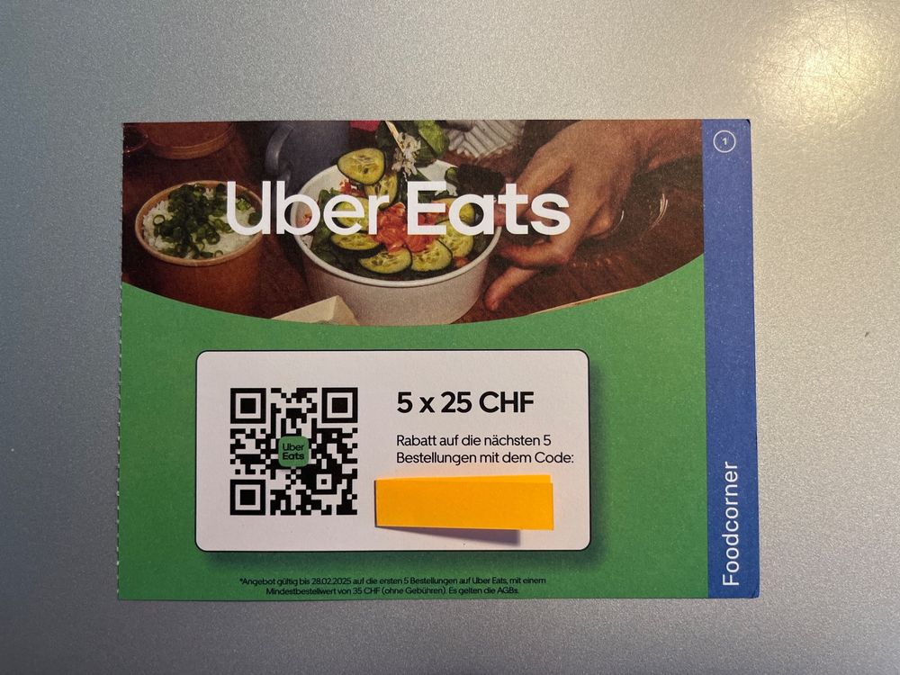 Uber Eats Rabatt auf 5 Bestellungen (Neu (gemäss Beschreibung)) in Unterägeri für CHF 5 – mit ...