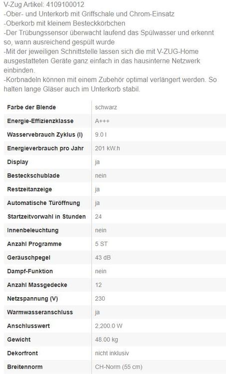Geschirrspüler V-ZUG GS FV 2055 N (Gebraucht) in Oberbüren für CHF 749 ...