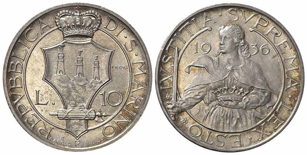 b- San Marino, 10 Lire 1936 R, Pattern - Prova, R! (Gebraucht) in ...