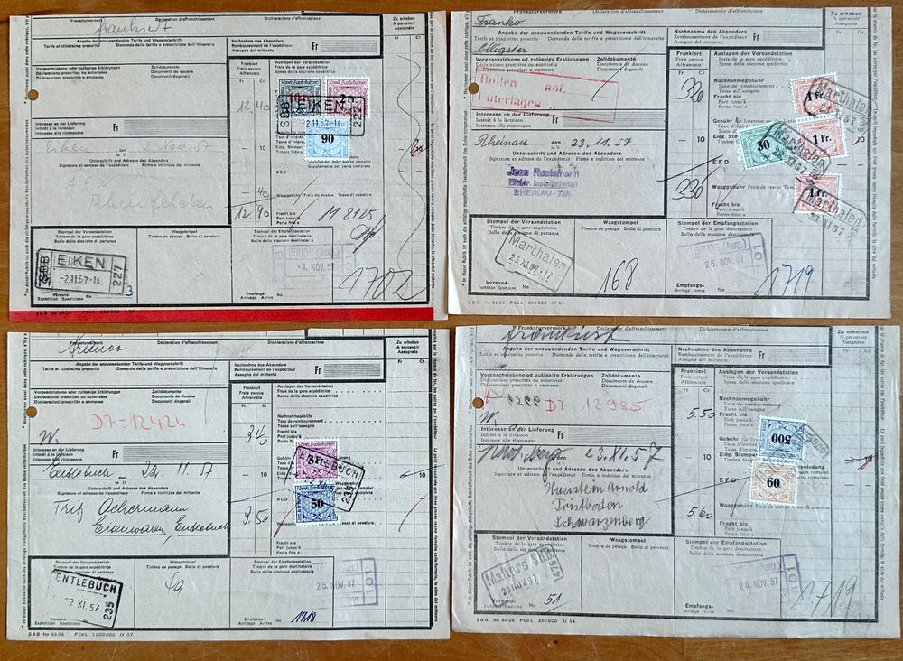 4 antike Frachtbriefe mit Eisenbahnmarken, Briefmark ab 1.- (Gebraucht ...
