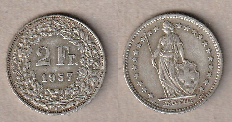 2 Franken 1957 (Gebraucht) in Allschwil für CHF 8 – mit Lieferung auf Ricardo kaufen