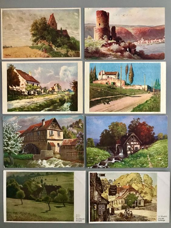 8 x Landschaften mit Häusern, Mühlen • farbige Künstler-AK | Kaufen auf Ricardo
