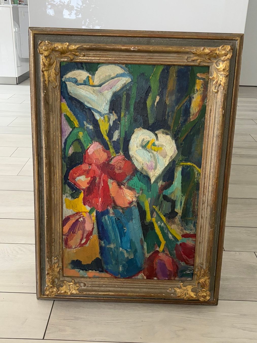 Altes grosses Gemälde "Calla mit Tulpen" in antikem Rahmen (Gebraucht ...