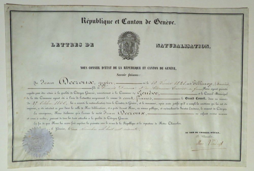 Lettre de naturalisation. Genève. 1860 (Gebraucht) in Versoix für CHF ...