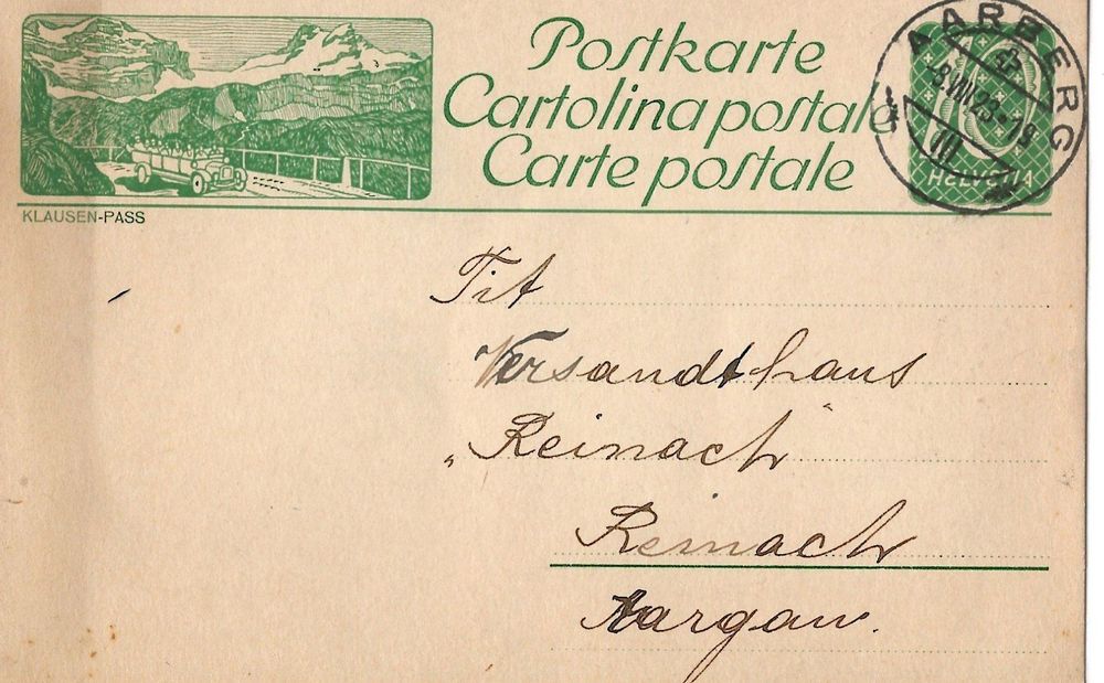 Vollstempel zentrisch, Aarberg BE, 1923 - Postauto, Klausen (Gebraucht ...