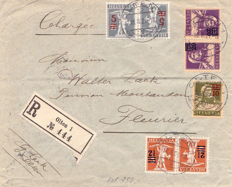 K13-15, 1921, R-Brief Olten-Fleurier, rs. AK-Stempel, (Gebraucht) in Wenslingen für CHF 68 – mit ...