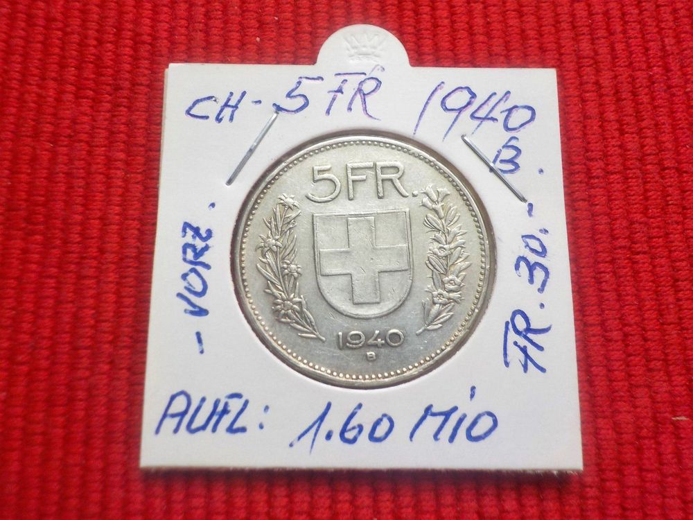 CH- 5 Fränkler 1940 -vorz. Silber Münze (Gebraucht) in Glis für CHF 7 – mit Lieferung auf ...