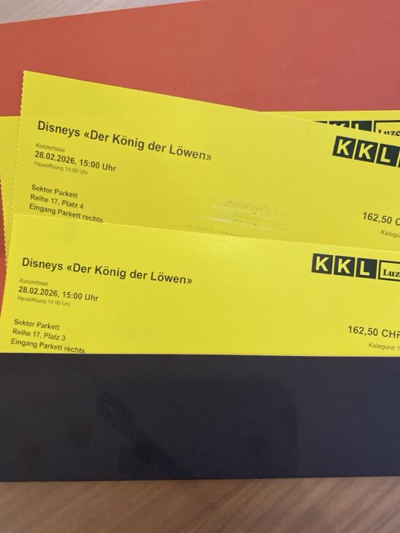 4 Tickets König der Löwen, KKL Luzern, 28.02.26, Kat. 1 (Neu (gemäss ...