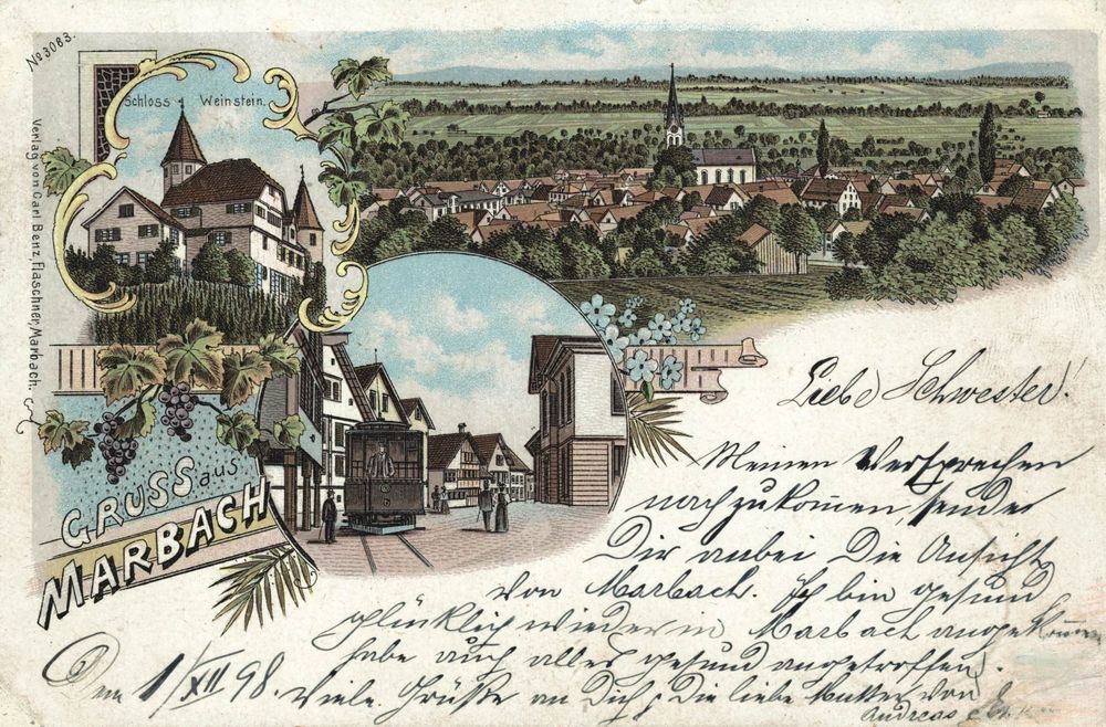 Gruss aus Marbach, Schloss Weinstein, Dorfpartie mit Tram | Kaufen auf ...