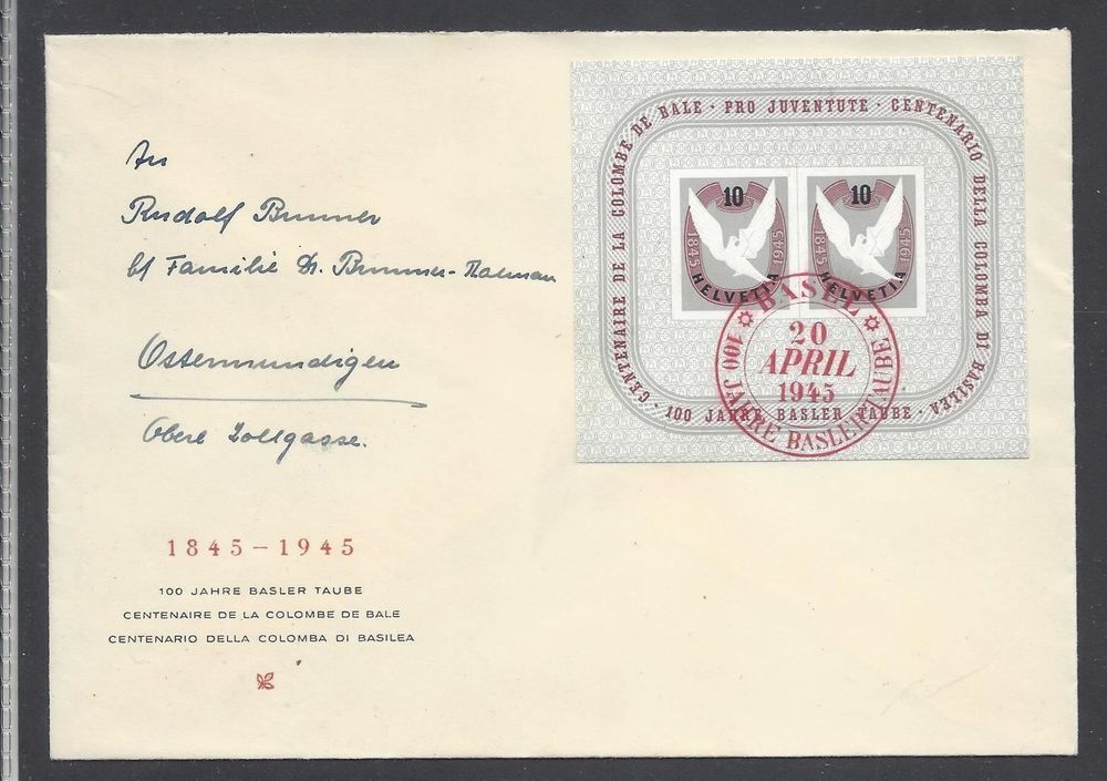 1945 : Basler Taube Block auf Brief (Gebraucht) in Gümligen für CHF 13 – mit Lieferung auf ...