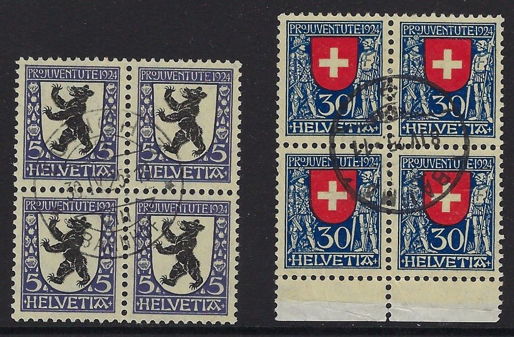 Pro Juventute 1924 zwei 4er-Blöcke gest. ʘ ZNr. 29 & 32 (Gebraucht) in Wädenswil für CHF 16.5 ...