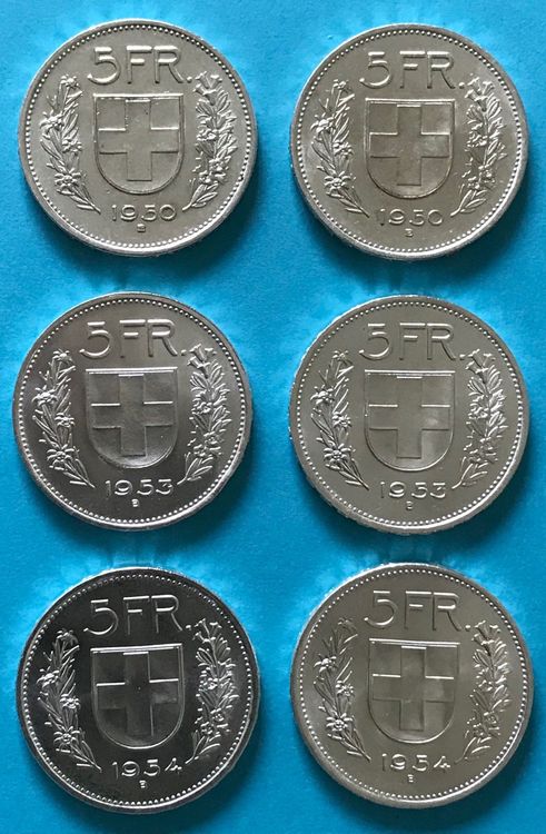 6 schöne Schweizer Silber 5-Franken-Münzen 1950/1953/1954 | Kaufen auf Ricardo