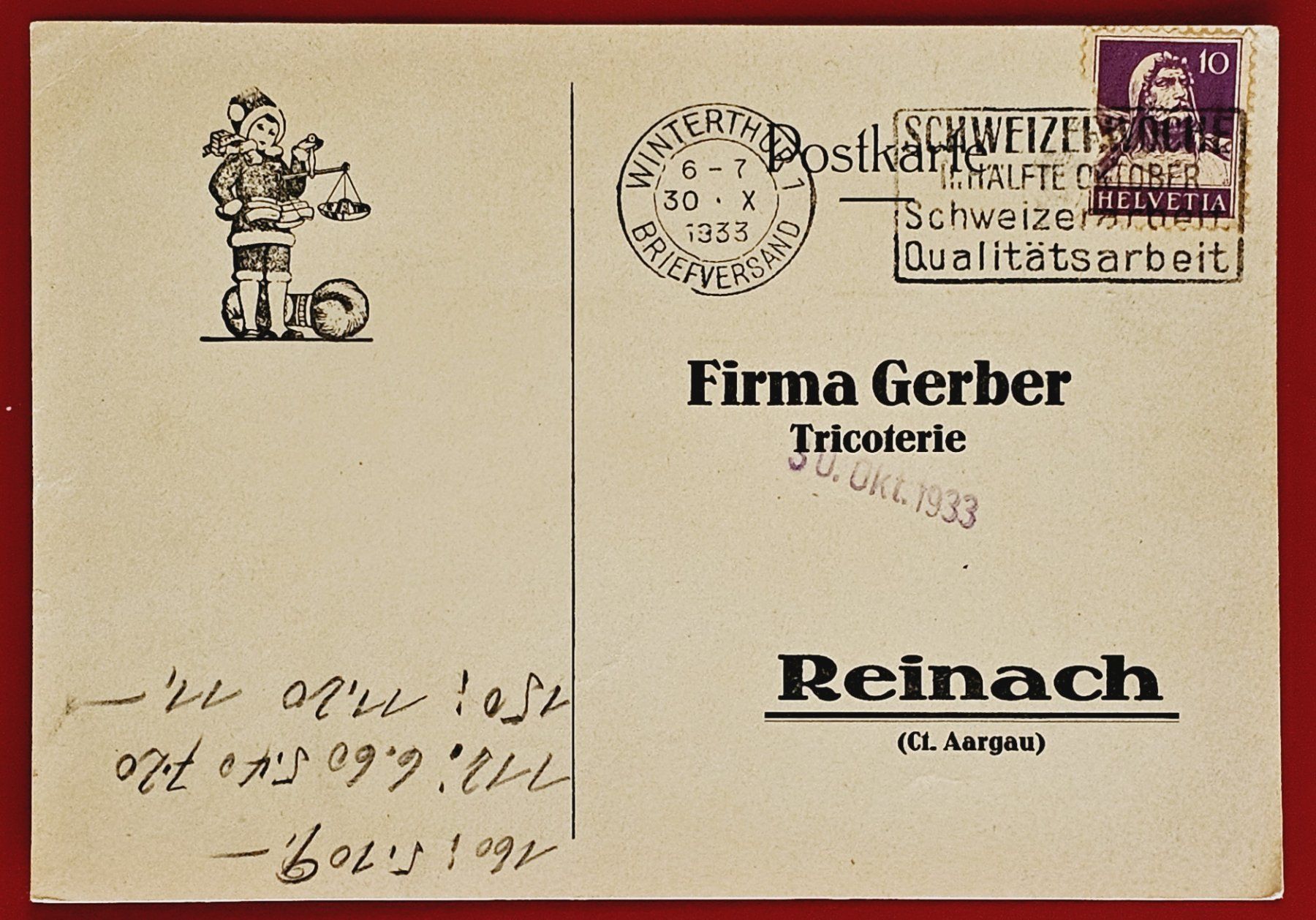 FIRMA GERBER TRICOTERIE REINACH AARGAU KARTE WINTERTHUR 1933 (Gebraucht) in Düdingen für CHF 2 ...