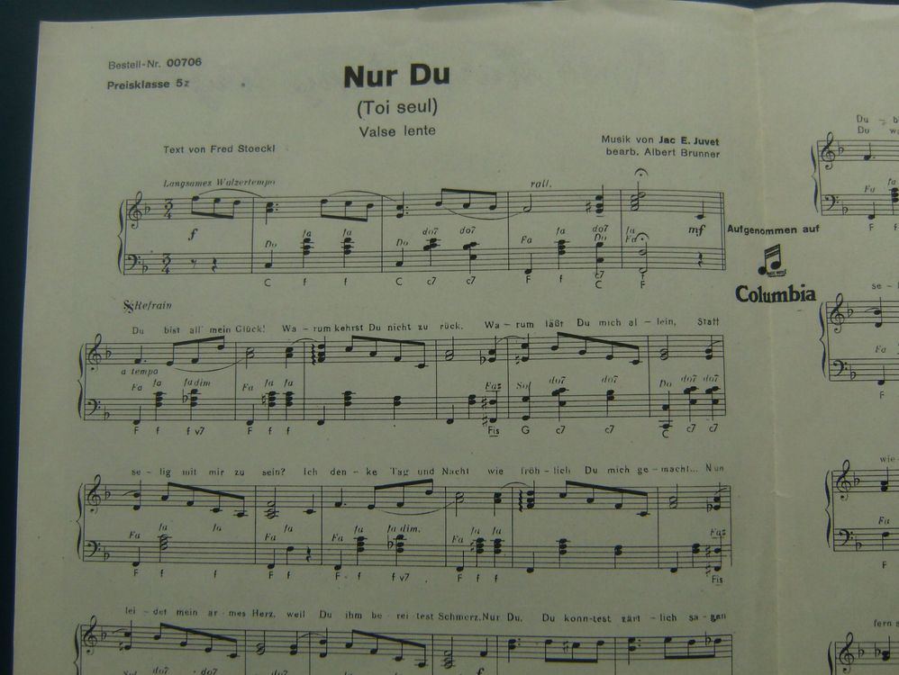 Notenblatt "Nur Du" | Kaufen auf Ricardo