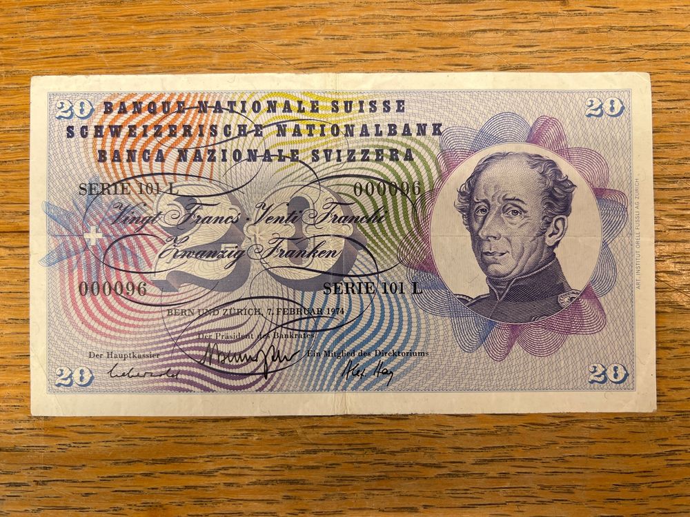 CHF 20 Franken Banknote 1974, Seriennummer 000096, knapp 100 (Gebraucht) in Zürich für CHF 12 ...