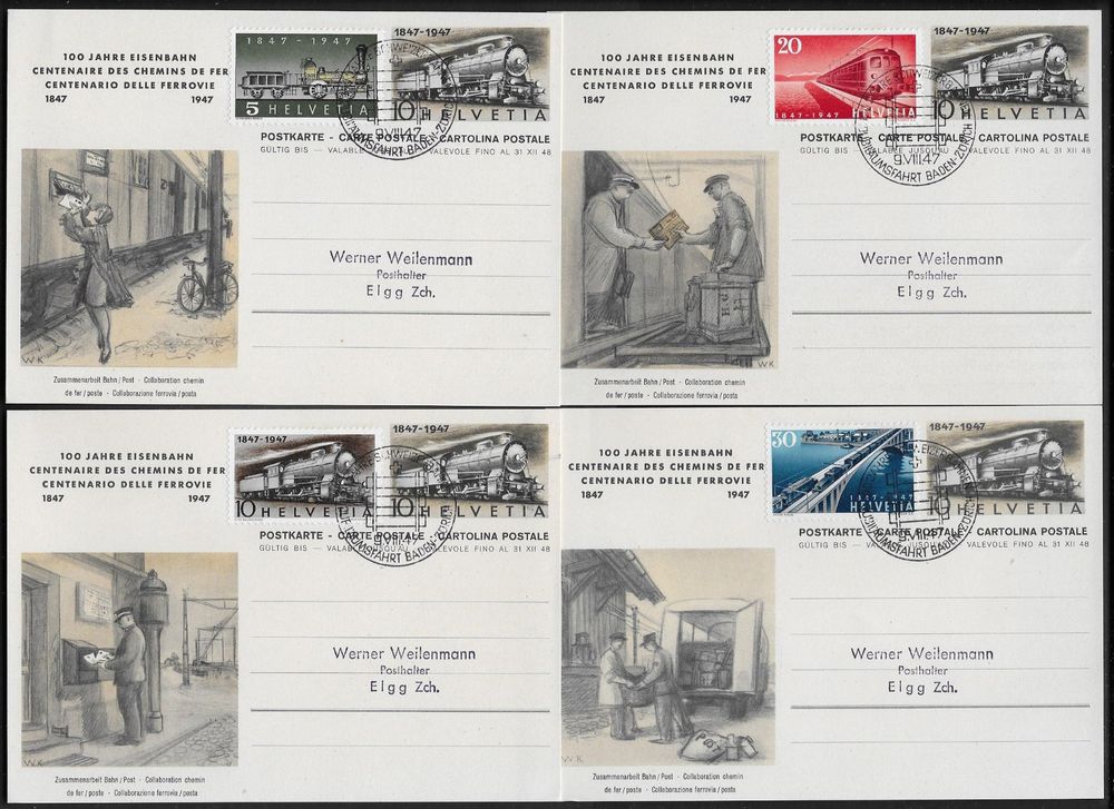 1947 vier FDC BILD-PK 100J. Eisenbahn Serie selten ab 1.- (Gebraucht) in Zürich für CHF 21 – mit ...