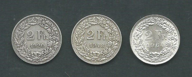 3x 2Fr. Silbermünze, 1920, 1948, 1964 (Gebraucht) in Mönchaltorf für CHF 20 – mit Lieferung auf ...