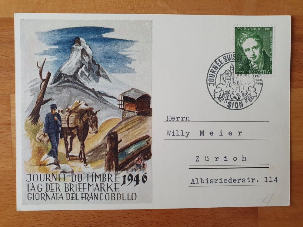 Postkarte zum Tag der Briefmarke 1946 in Sion (Gebraucht) in Kreuzlingen für CHF 2 – mit ...