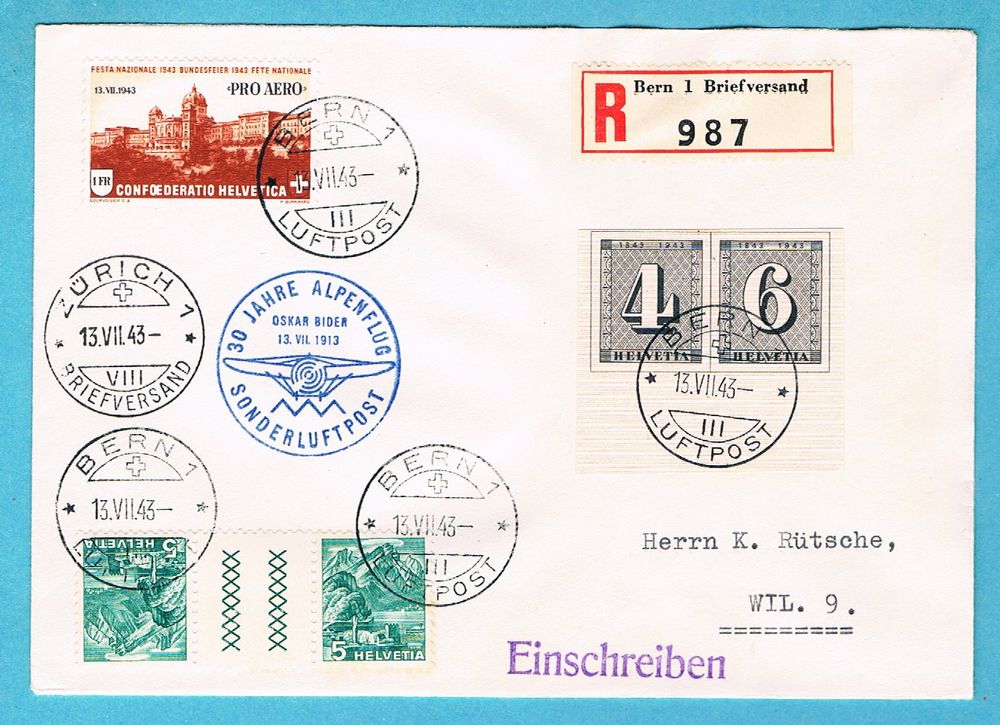 Pro Aero 1943 Bern-Zürich mit toller Zusatzfrankatur.Ab Fr.1 | Kaufen auf Ricardo