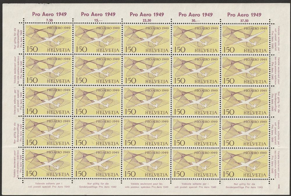 Pro Aero 1949, postfrischer Originalbogen mit 25 Marken (Neu (gemäss Beschreibung)) in Turgi für ...