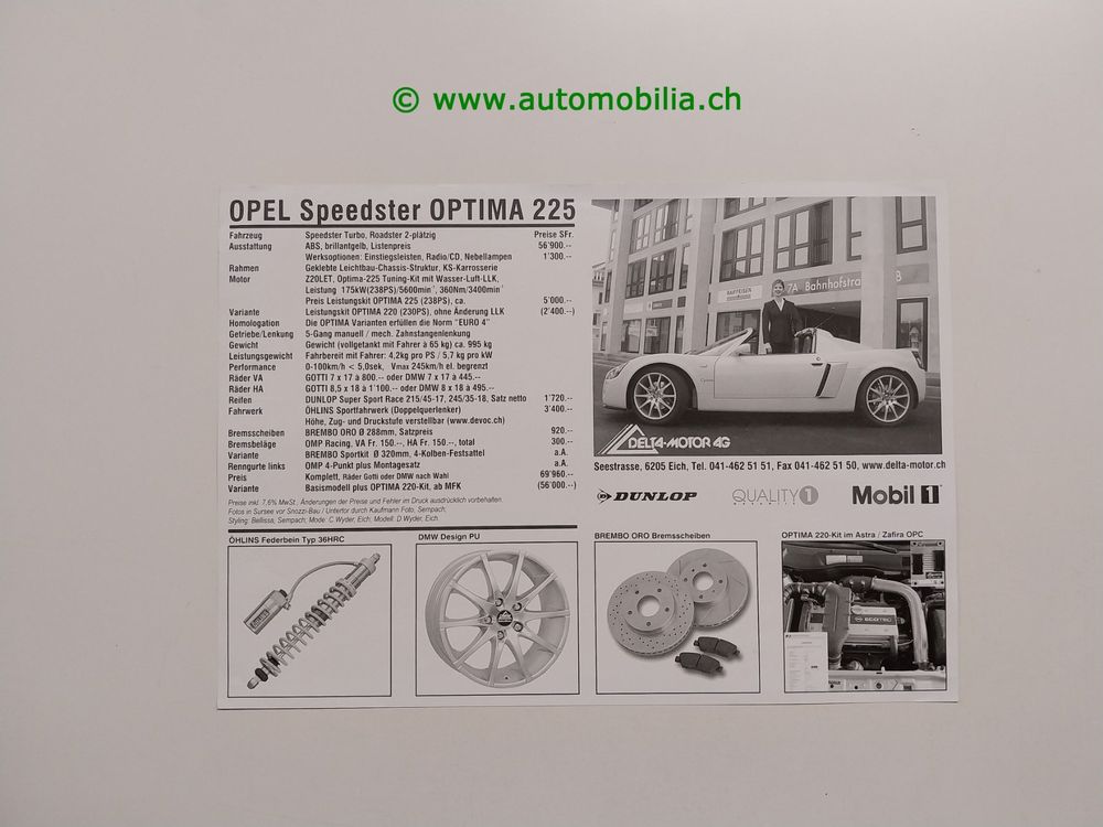 Delta Motor Opel Speedster Optima 220/225 Prospekt deutsch (Gebraucht ...
