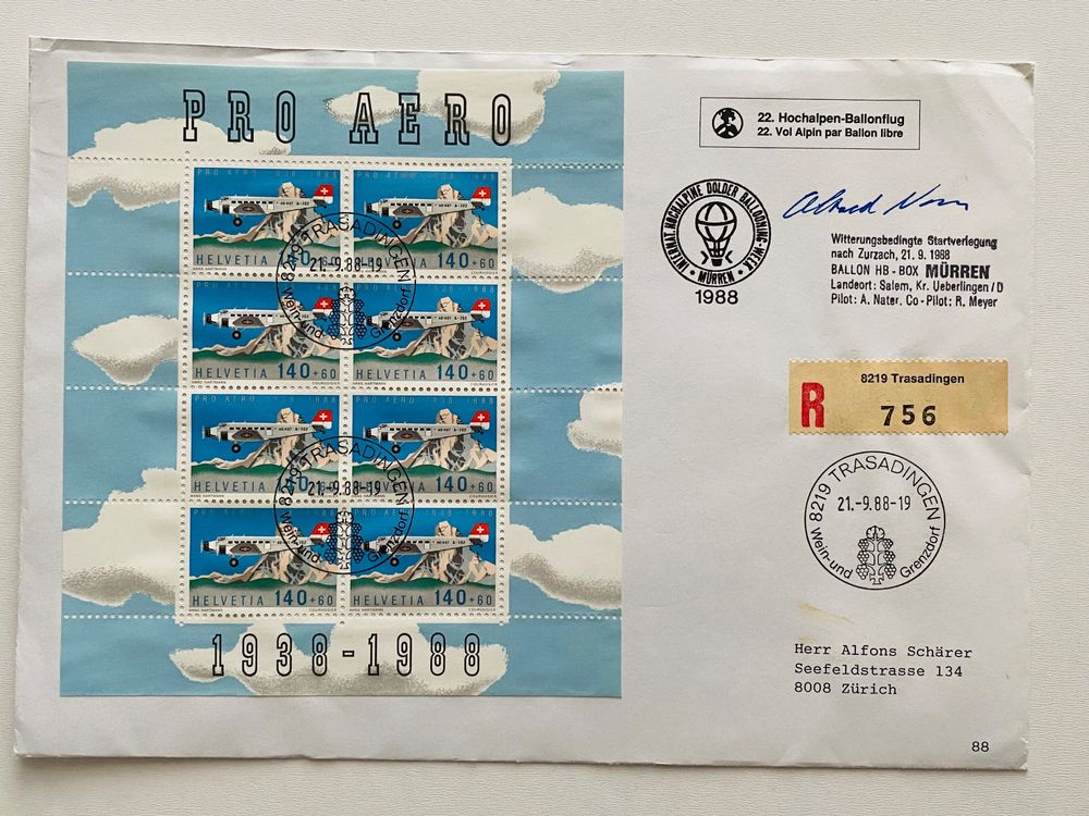 Ballon Post mit Unterschrift Pilot A. Nater Pro Aero Block (Gebraucht) in Müswangen für CHF 20 ...