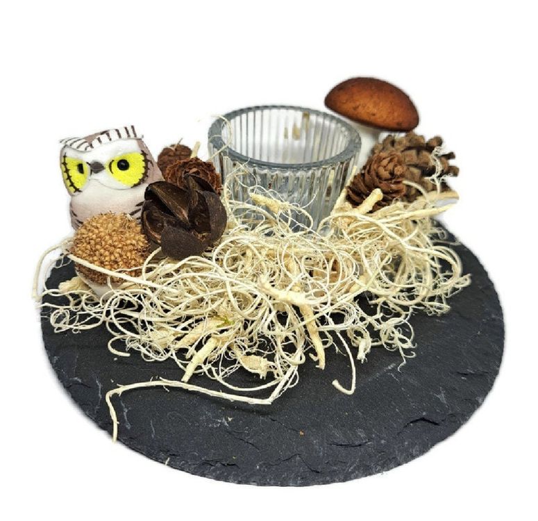 Herbstdeko Eule Pilz Teelichthalter Dekoteller Schiefer (Neu (gemäss Beschreibung)) in ...
