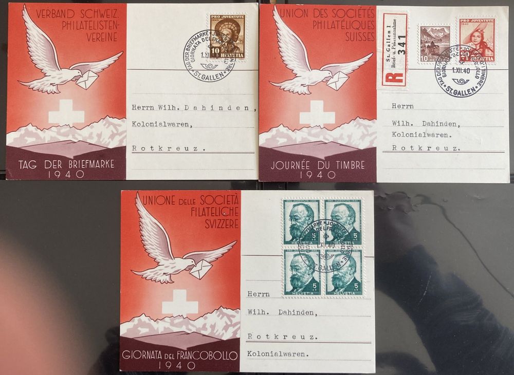 3x Tag der Briefmarke 1940 D/F/I Originalkarte, SBK 110 Fr. (Gebraucht) in Flawil für CHF 19 ...