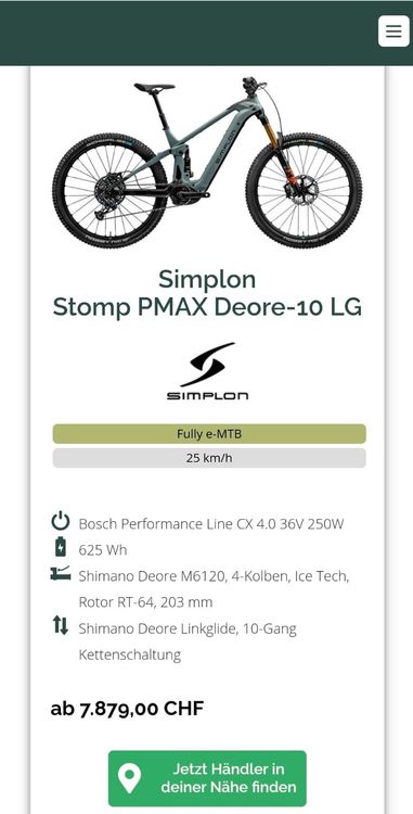 Simplon Stomp PMAX Deore-10 LG Fully e-MTB - Top Zustand! (Gebraucht) in Dübendorf für CHF 1900. ...