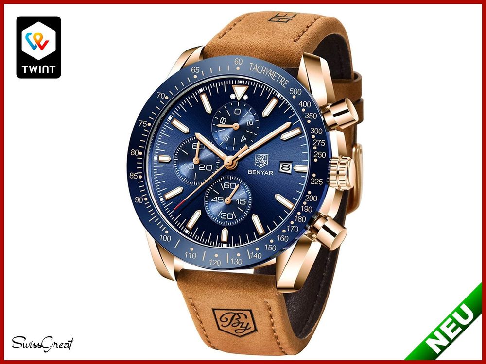 Herren Chronograph Uhr braunes Leder blaues Zifferblatt (Neu und originalverpackt) in Develier ...