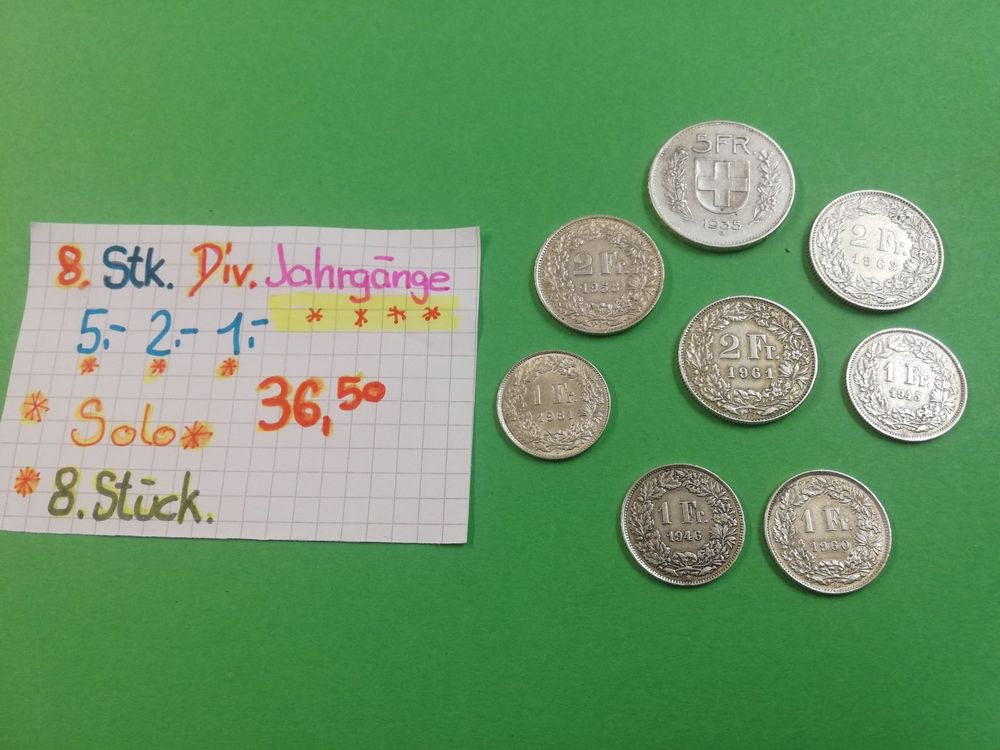 Schweizer Silbermünzen 8 Stk. div. Jahrgänge 5Fr./2Fr./1Fr. | Kaufen auf Ricardo