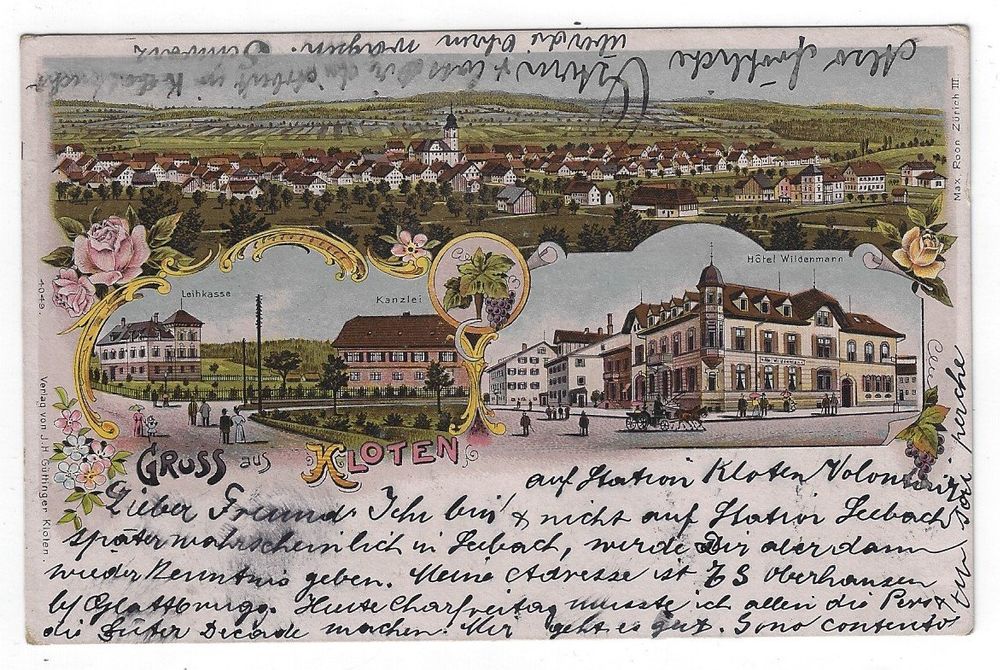 Gruss aus KLOTEN , Farb-Litho 3-bildrig, 1903 (Gebraucht) in Weinfelden für CHF 15 – mit ...