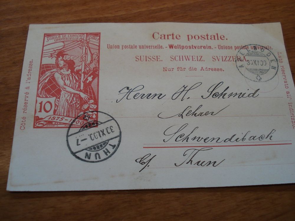 Ganzsache UPU 1900, Adelboden-Thun, 10 Rp rot (Gebraucht) in Niederwil AG für CHF 1.6 – mit ...