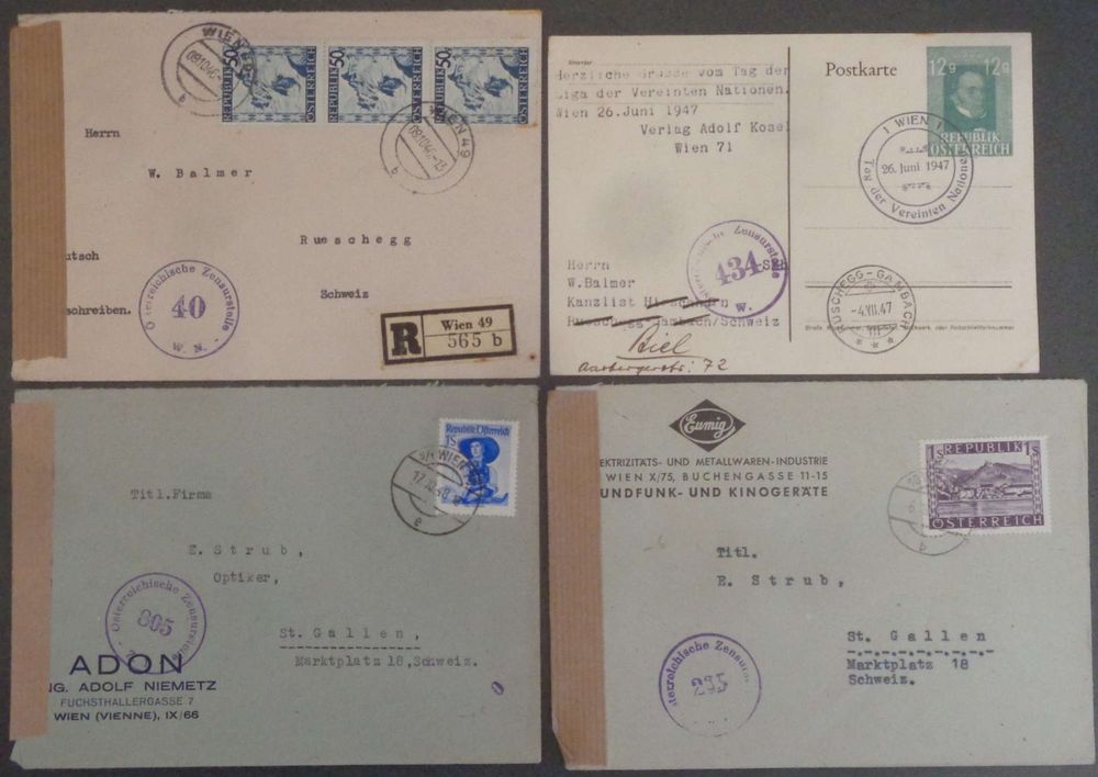 AUSTRIA 1946–1948: 4 zensurierte Belege in die Schweiz (Gebraucht) in ...