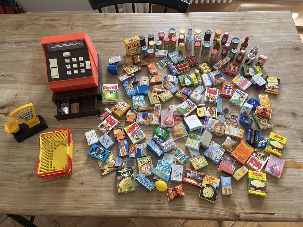 Kasse, Kaufladenwaage, Einkaufskörbe, viel Zubehör, Retro (Gebraucht ...