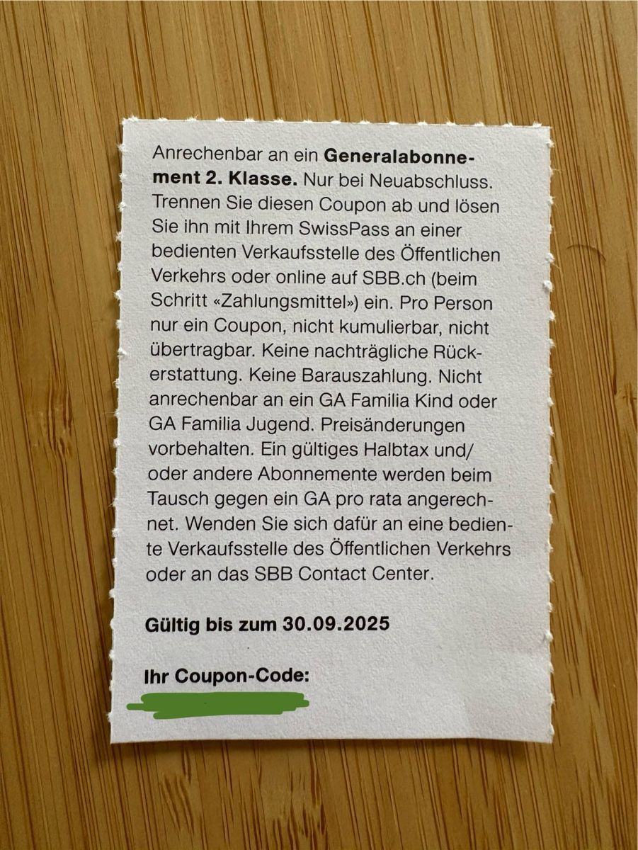 31. Sept.) Gratis A-Post-Versand. SBB GA 2. Kl. Gutschein (Neu (gemäss Beschreibung)) in Zürich ...