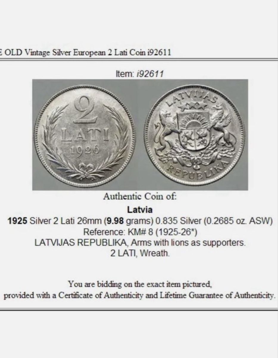 Latvia 2 Lati Silver Coin 1925, Latvijas Republika Vintage (Gebraucht ...