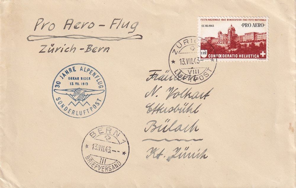 Pro-Aero (30 Jahre Alpenflug O.Bider) Zürich - Bern 1943 (Gebraucht) in Baar für CHF 4 – mit ...